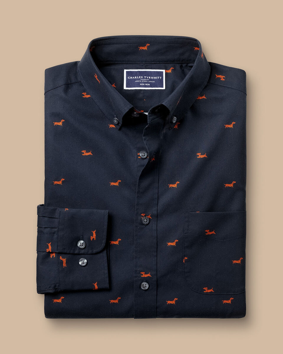 Chemise à motif chiens et col boutonné sans repassage - Bleu marine ...