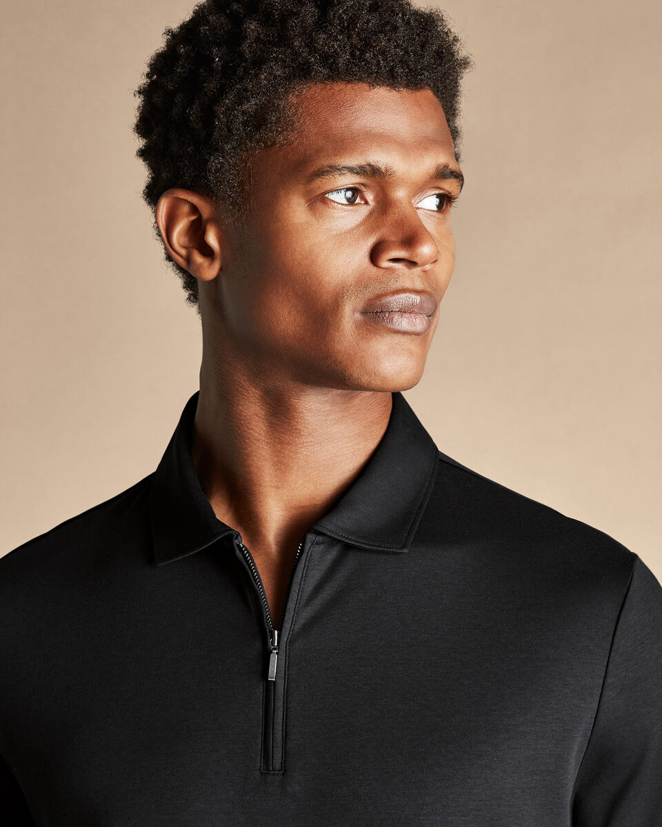 Zip-Neck Jersey Polo - Black | Charles Tyrwhitt