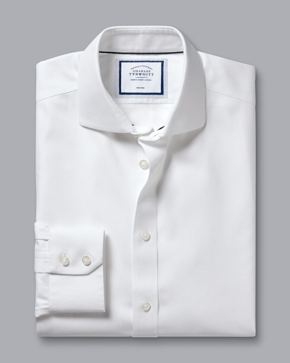 Spread Collar Non-Iron Henley Weave Shirt - White | Charles Tyrwhitt