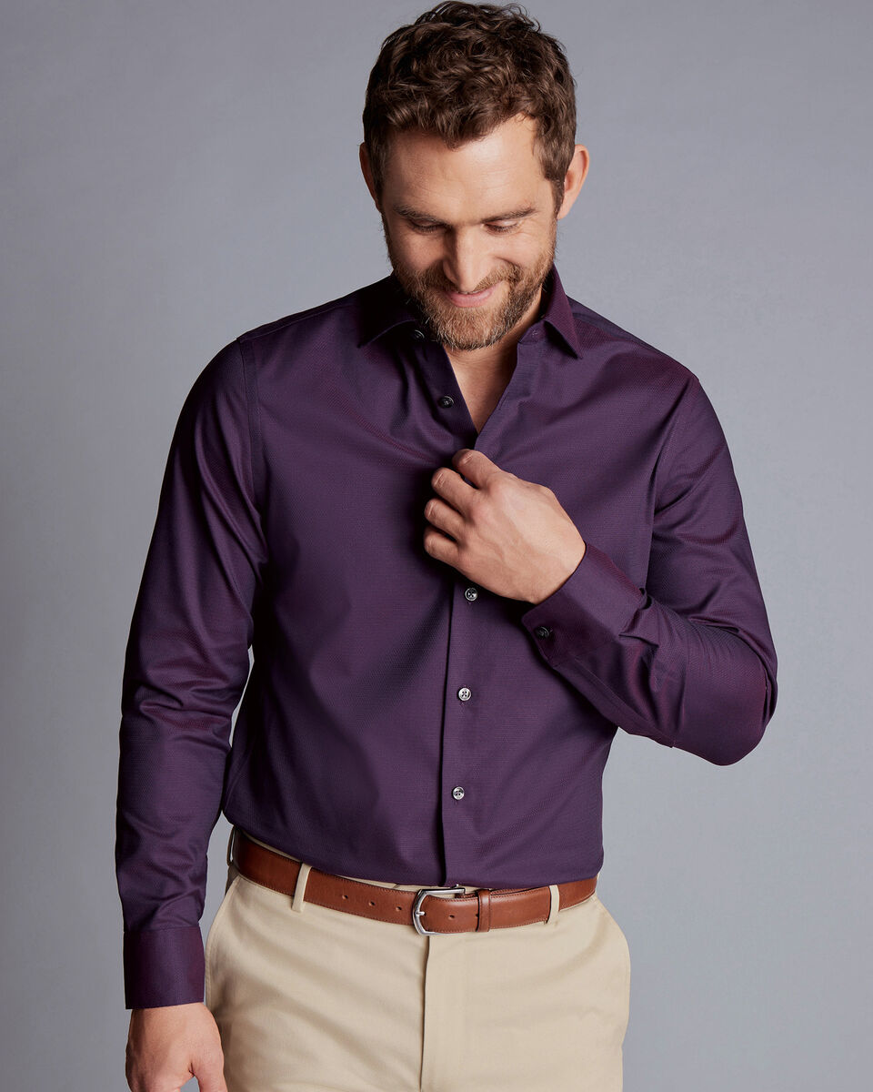 Non-Iron Diamond Stretch Texture Shirt - Purple | Charles Tyrwhitt