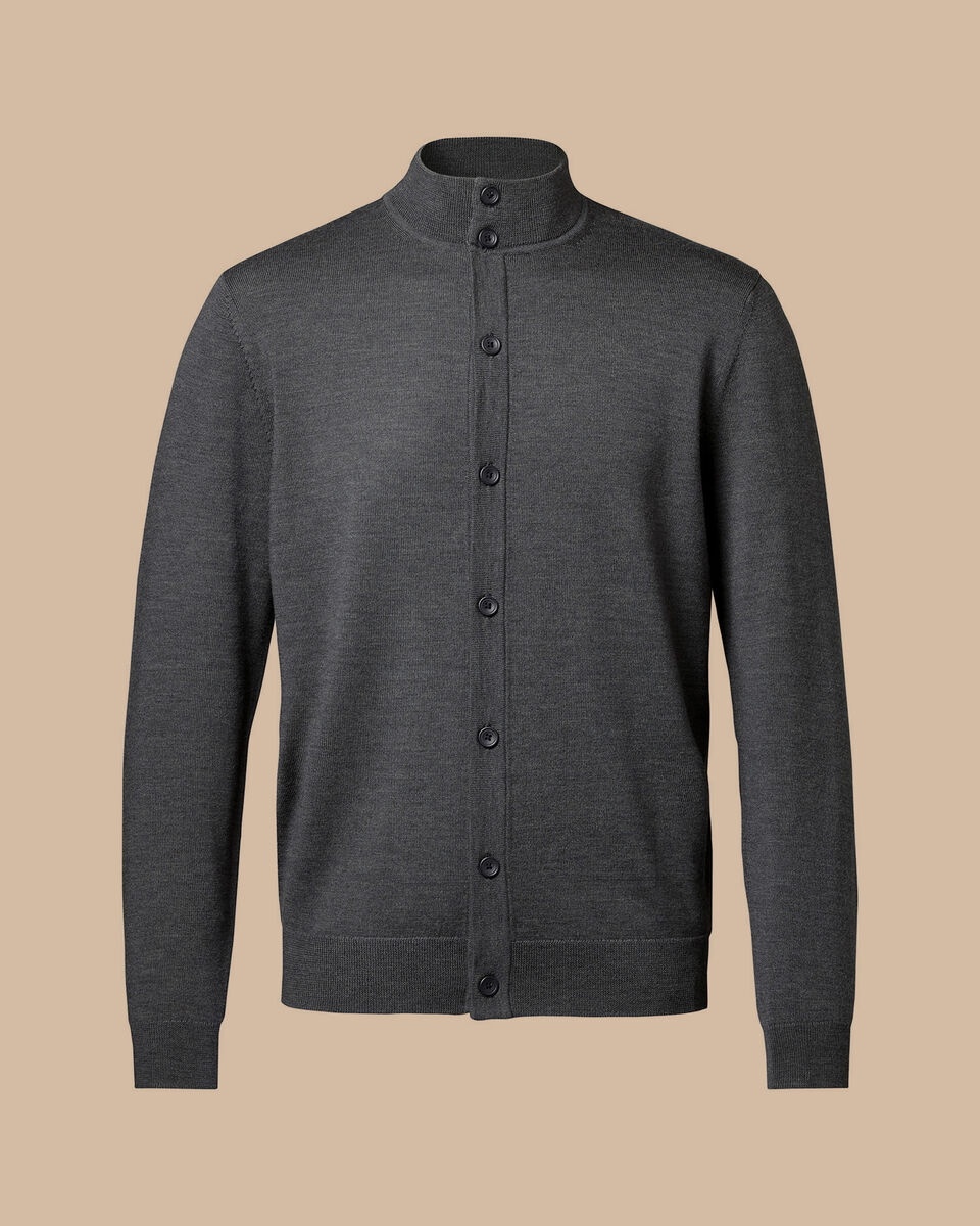 Merino Button Through Funnel Neck Cardigan - Grey | Charles Tyrwhitt