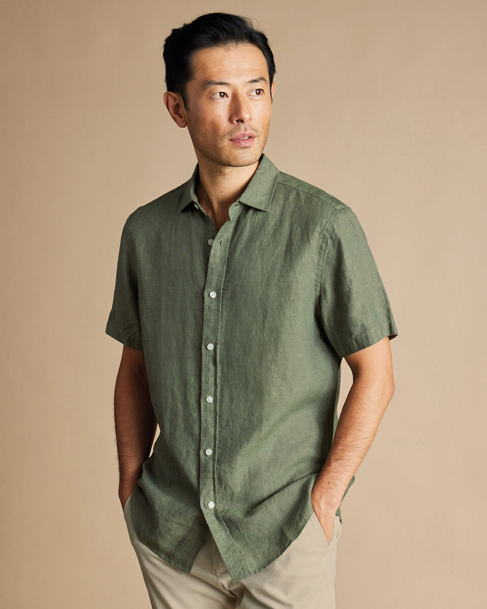 Pure Linen Short Sleeve Shirt - Olive Green | Charles Tyrwhitt