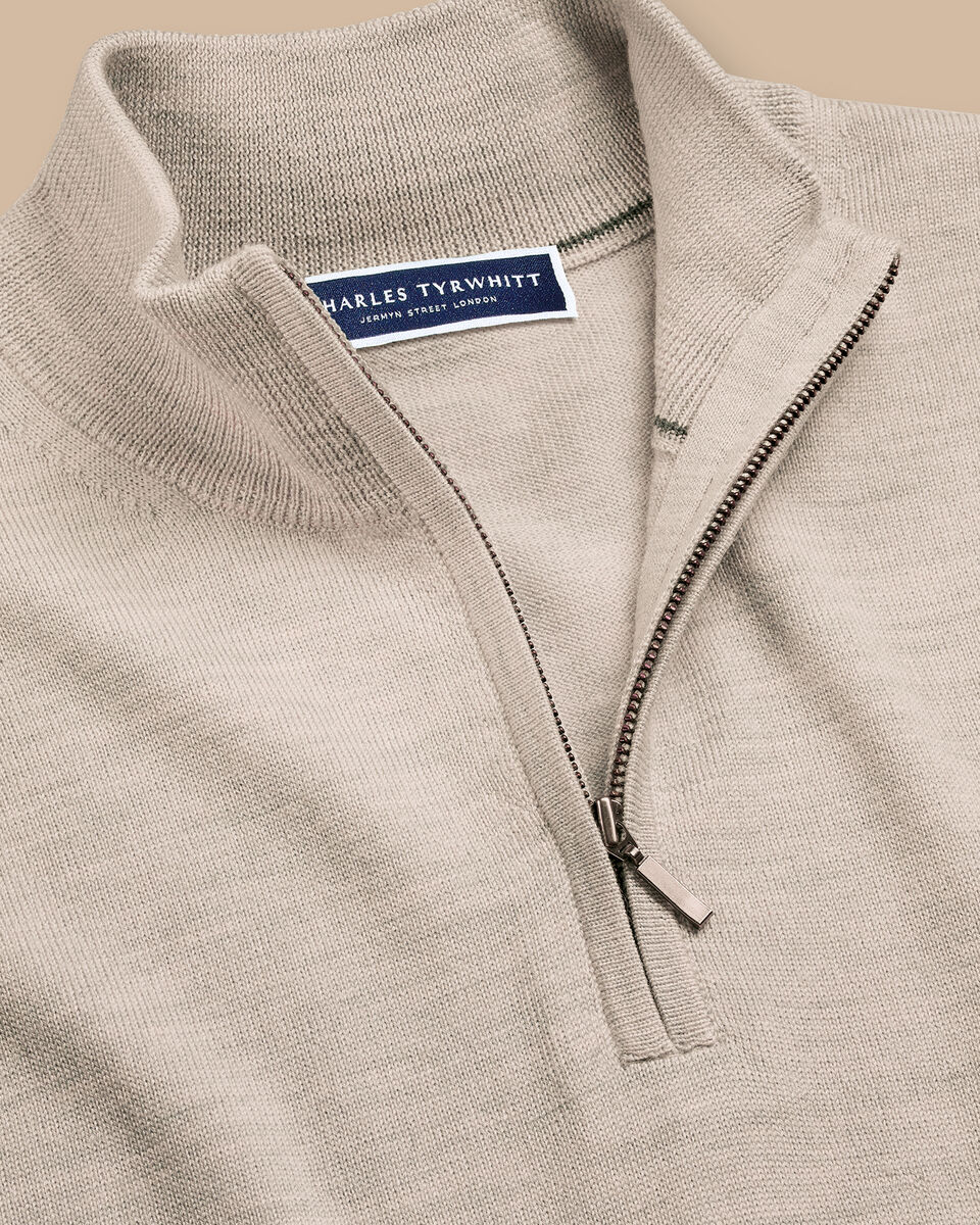 Merino Zip Neck Jumper - Limestone | Charles Tyrwhitt