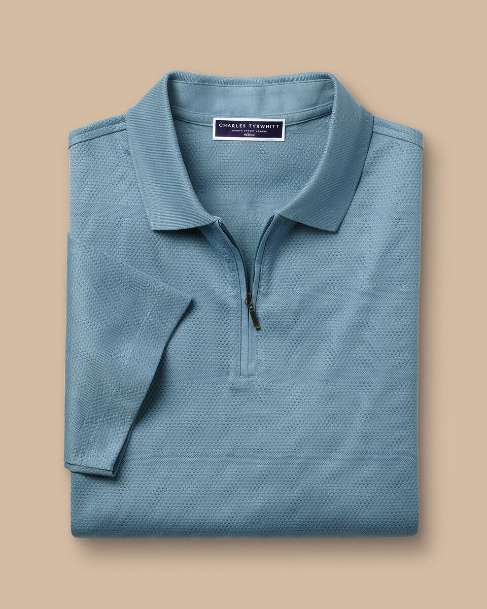 Performance Textured Zip-Neck Polo - Blue | Charles Tyrwhitt