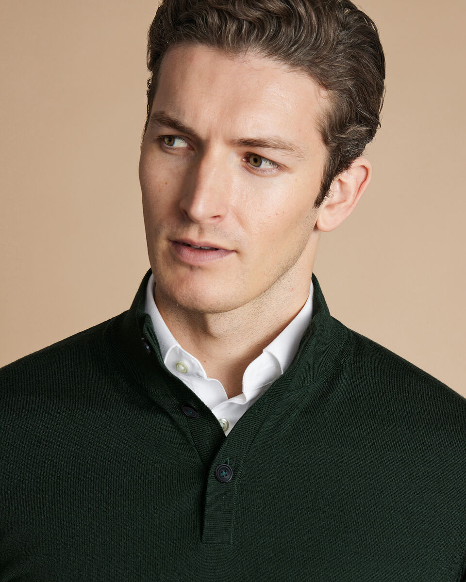 Merino Button Neck Sweater - Forest Green | Charles Tyrwhitt