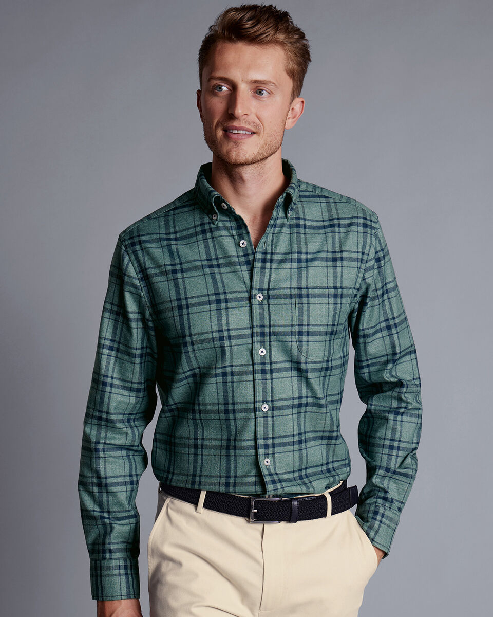 Button-Down Collar Non-Iron Twill Large Check Shirt - Teal Green ...