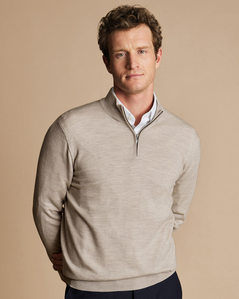 Merino Zip Neck Jumper - Limestone | Charles Tyrwhitt