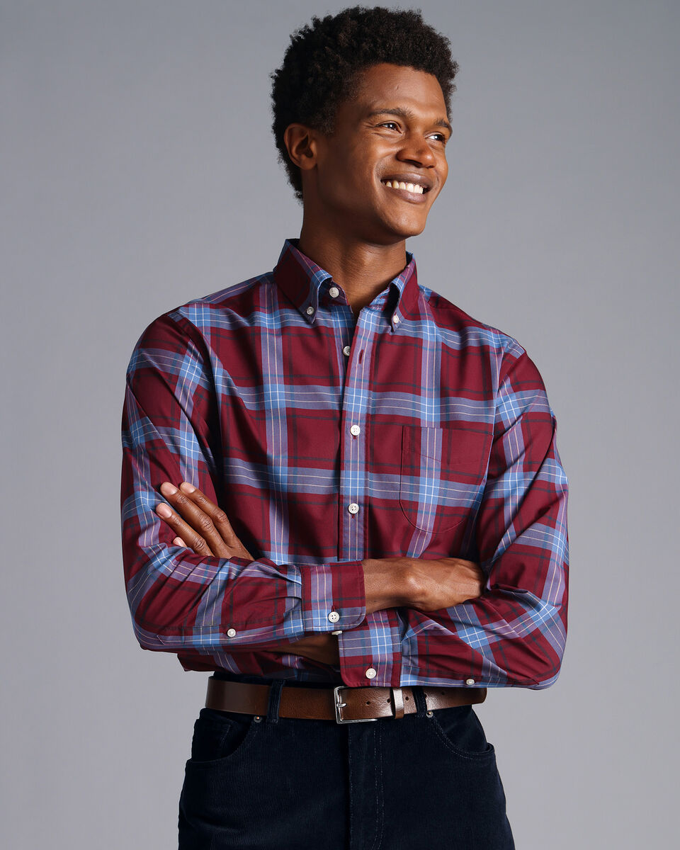 Button-Down Collar Non-Iron Stretch Poplin Large Check Shirt - Red ...