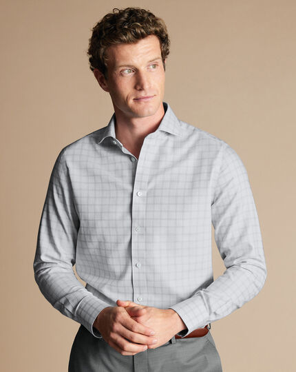 Spread Collar Non-Iron Mayfair Weave Check Shirt - Silver Grey ...