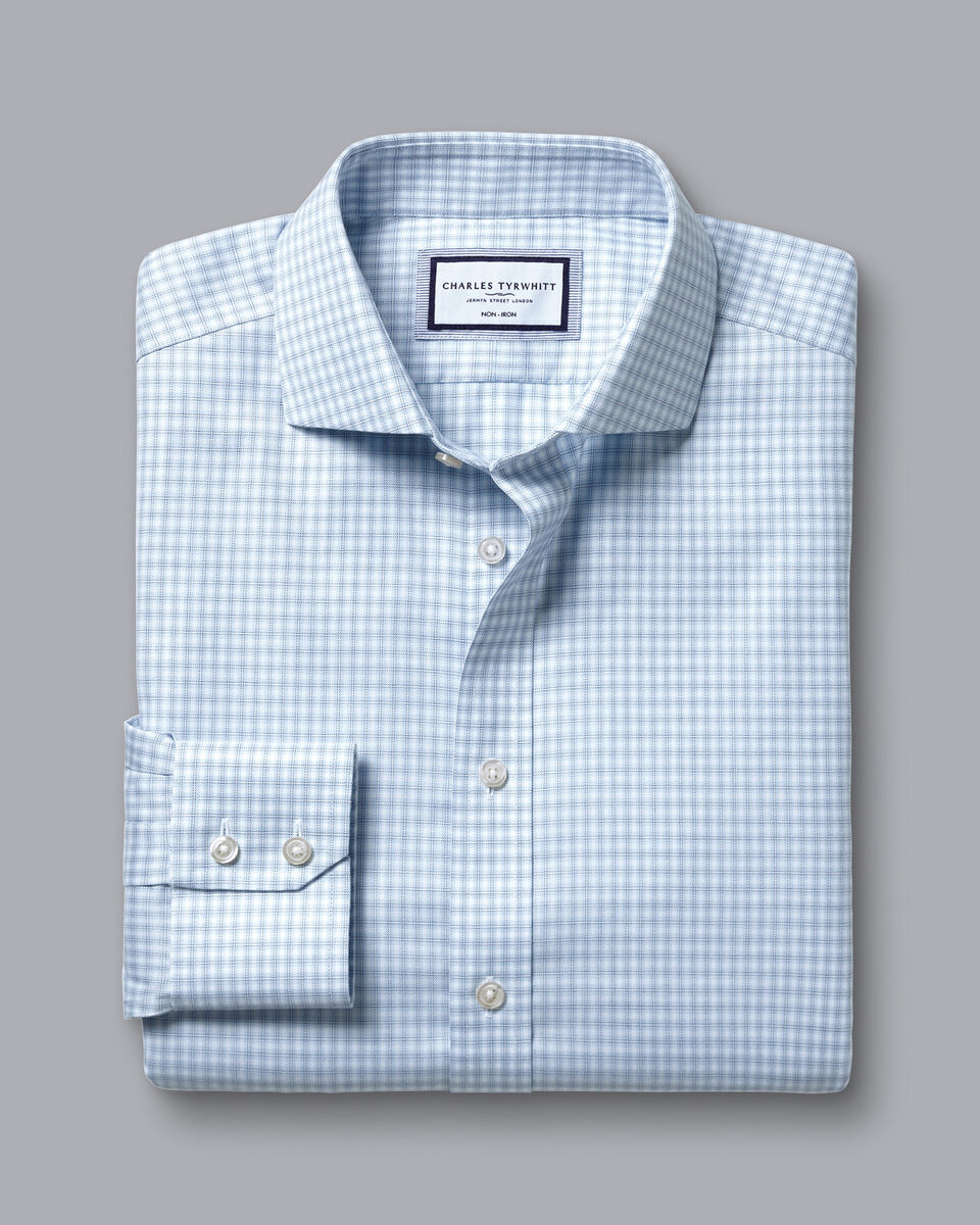 Spread Collar Non-Iron Double Check Shirt - Sky Blue | Charles Tyrwhitt
