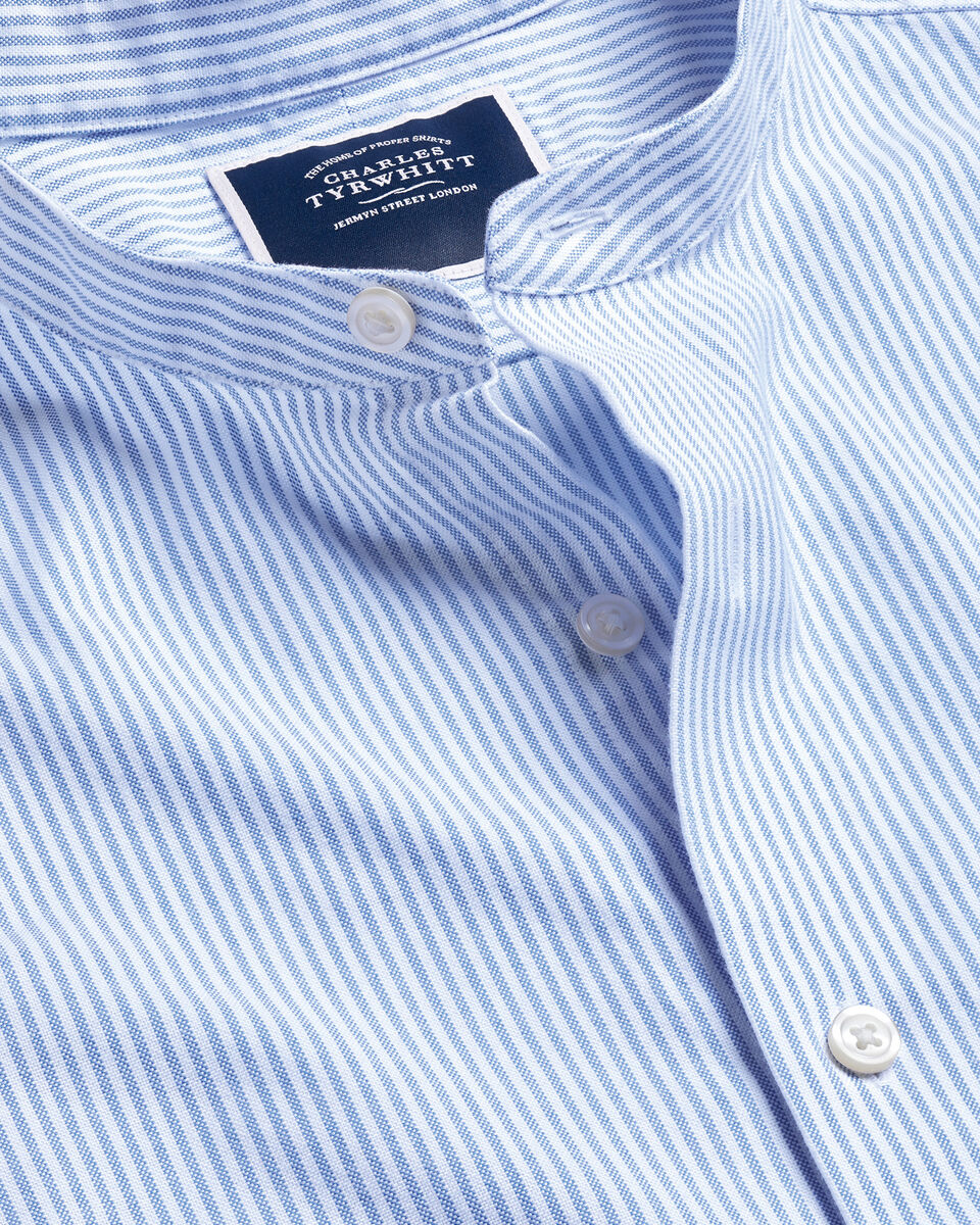 Collarless Stretch Washed Oxford Stripe Shirt - Ocean Blue | Charles ...