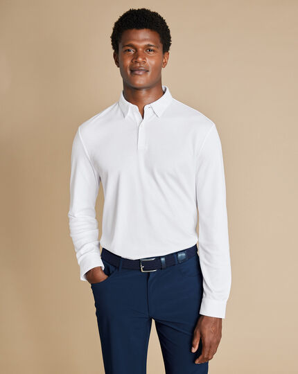Long Sleeve Performance Jersey Polo - White | Charles Tyrwhitt