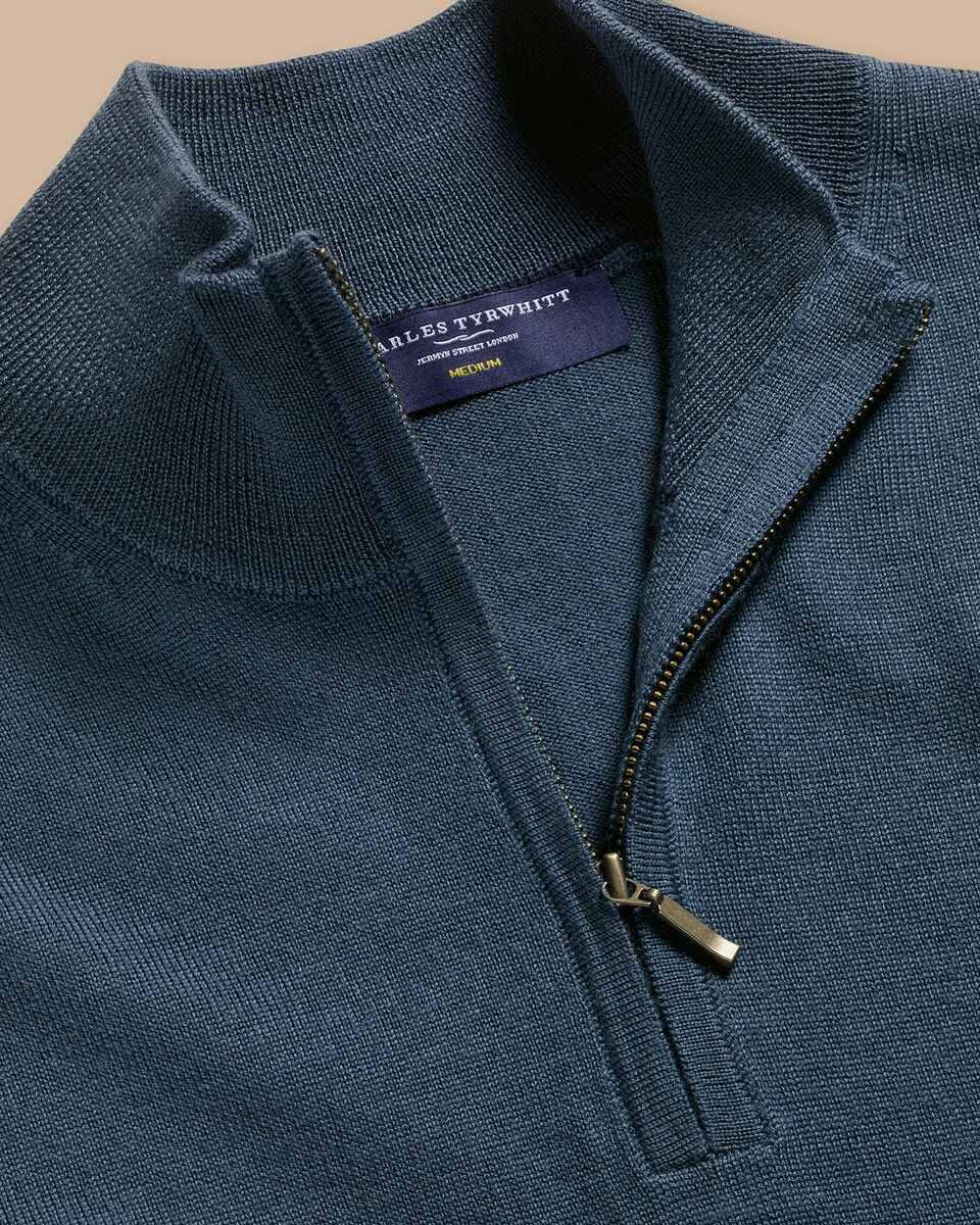 Merino Zip Neck Jumper - Petrol Blue | Charles Tyrwhitt