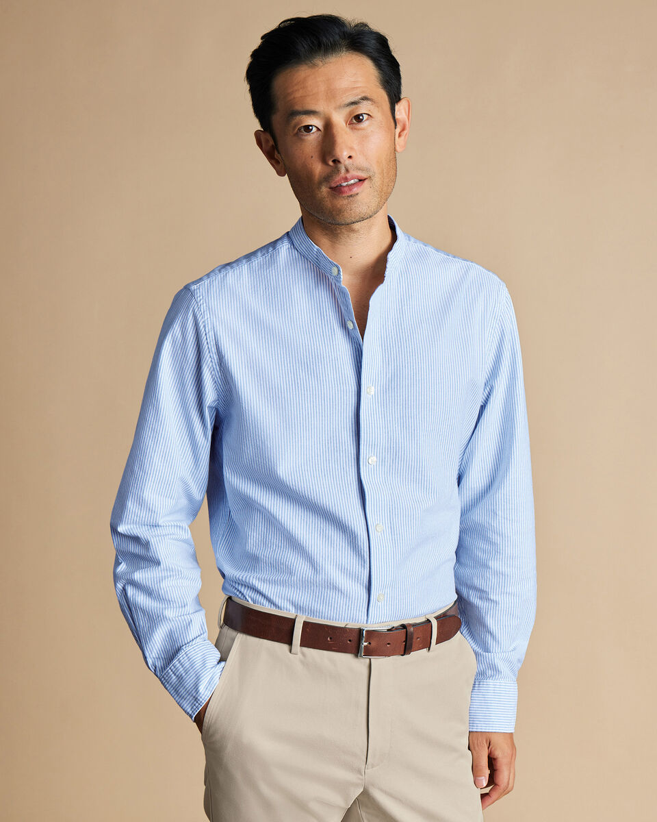 Collarless Stretch Washed Oxford Stripe Shirt - Ocean Blue | Charles ...