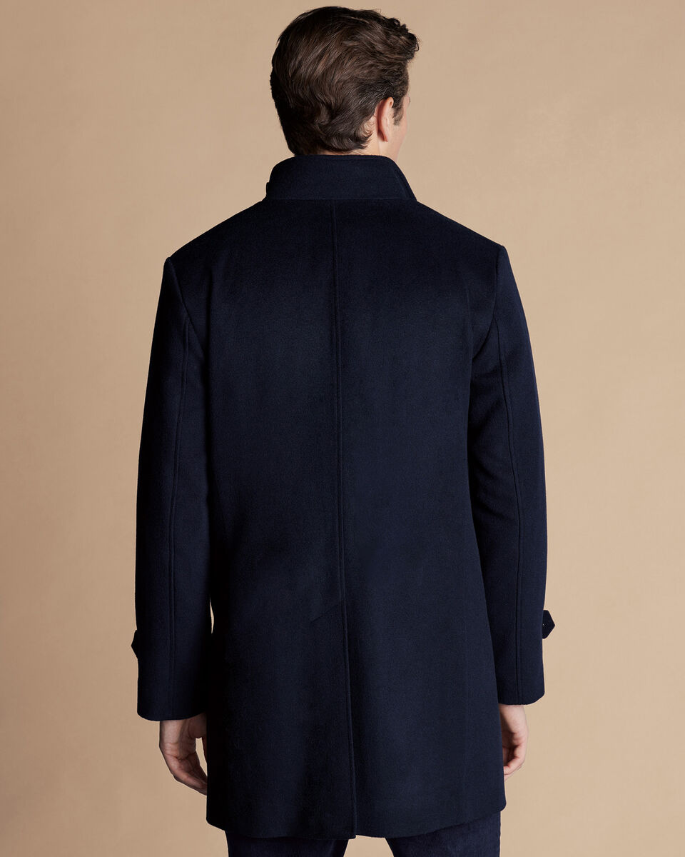 Wool Funnel Neck Overcoat - Navy | Charles Tyrwhitt