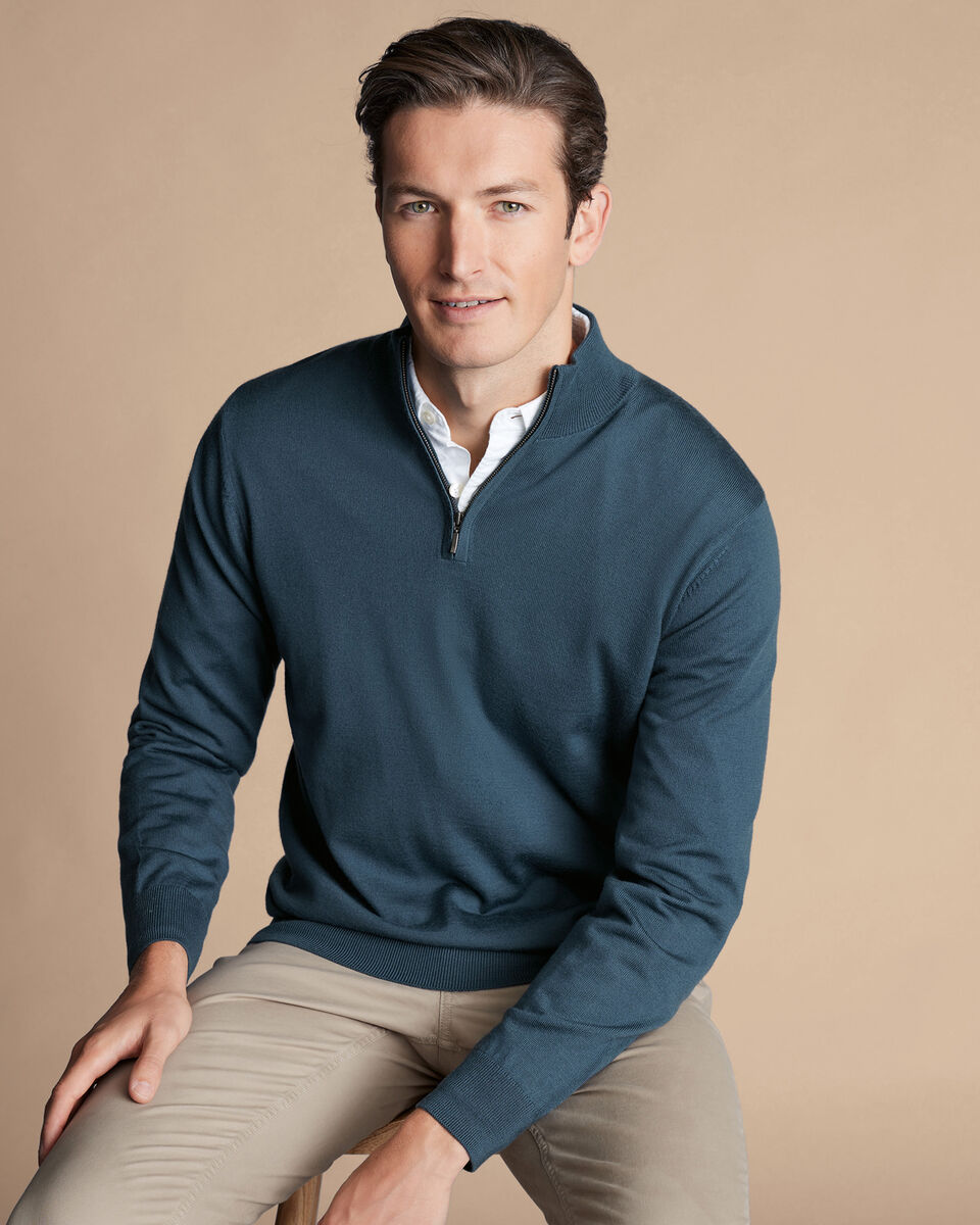 Merino Quarter Zip Sweater - Petrol Blue | Charles Tyrwhitt