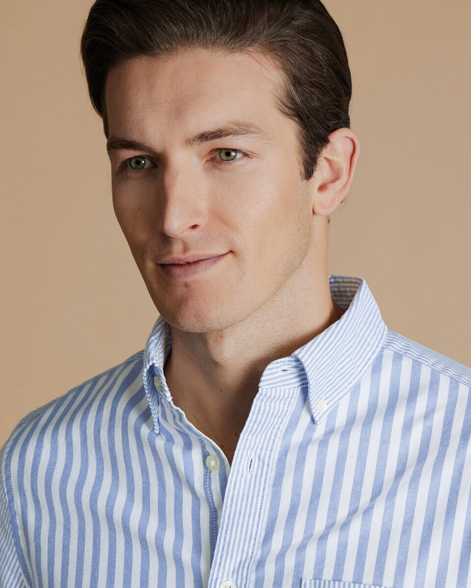 Button-Down Collar Stretch Washed Oxford Stripe Patchwork Shirt - Ocean ...