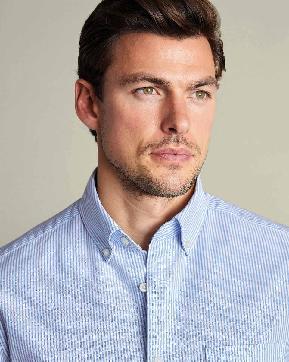 Washed Oxford Stripe Short Sleeve Shirt - Blue | Charles Tyrwhitt