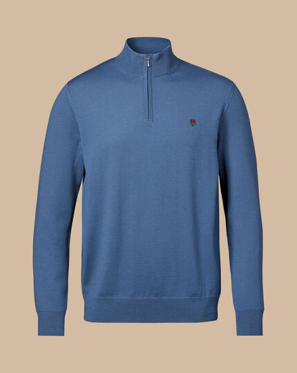 England Rugby Merino Zip Neck Sweater - Steel Blue | Charles Tyrwhitt