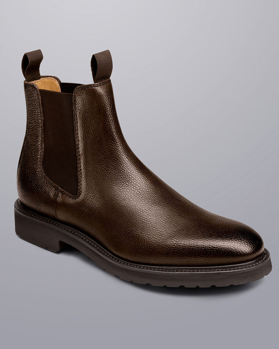 Rubber Sole Grain Leather Chelsea Boots - Chocolate Brown | Charles ...