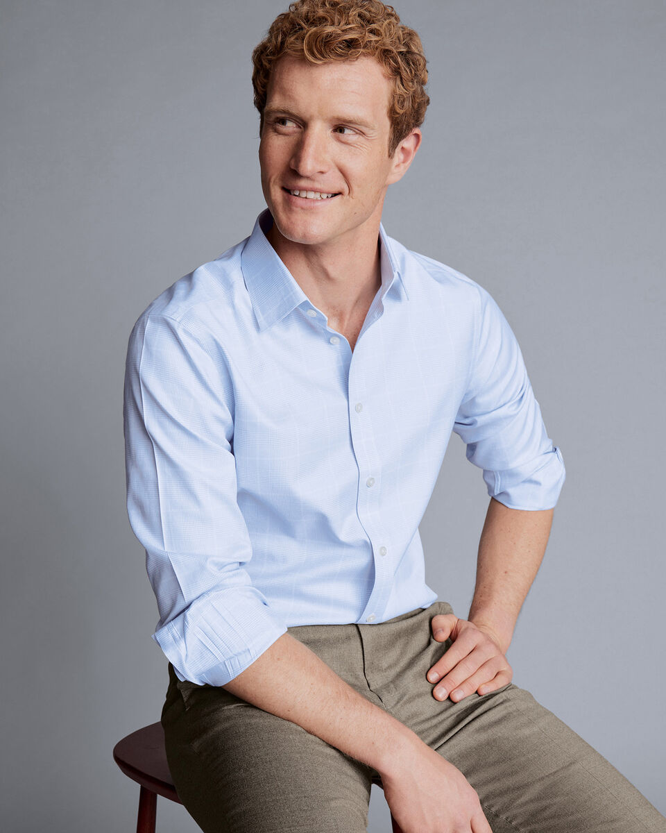 Non-Iron Prince of Wales Check Shirt - Cornflower Blue | Charles Tyrwhitt