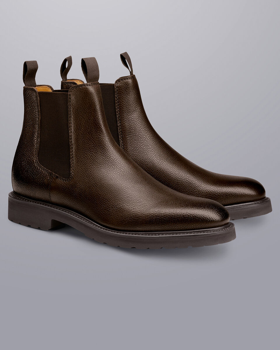 Rubber Sole Grain Leather Chelsea Boots - Chocolate Brown | Charles ...