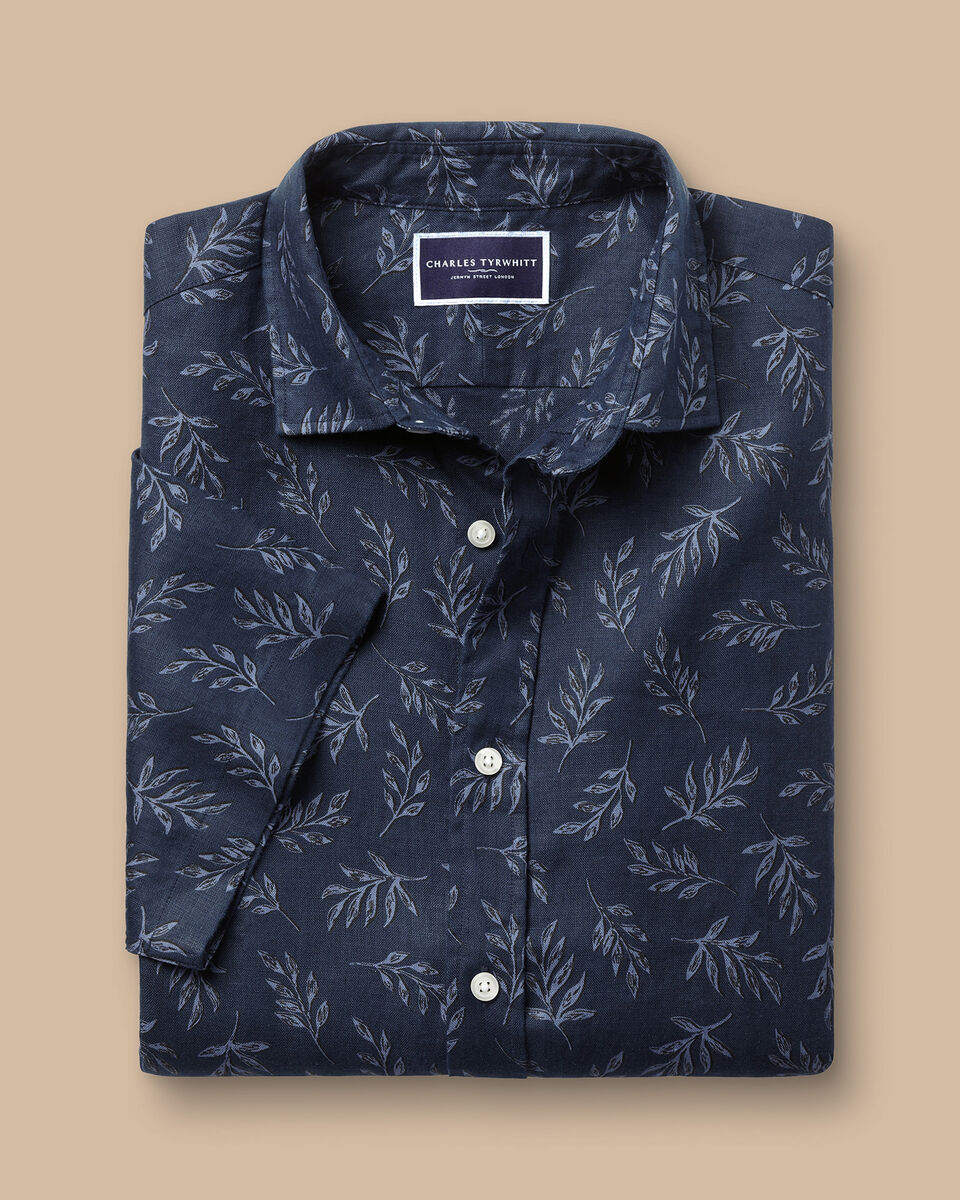 Pure Linen Leaf Print Short Sleeve Shirt - Indigo Blue | Charles Tyrwhitt
