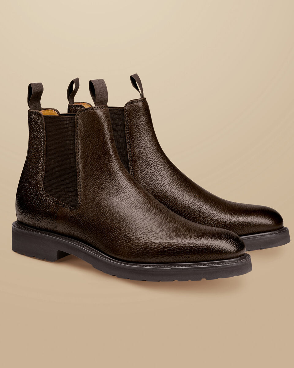 Rubber Sole Grain Leather Chelsea Boots - Chocolate Brown | Charles ...