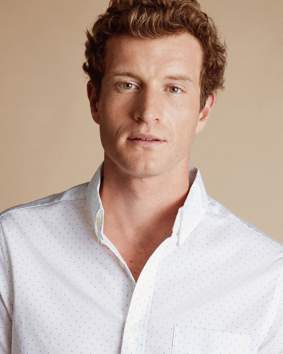 Non-Iron Spot Print Short Sleeve Shirt - White & Sky | Charles Tyrwhitt