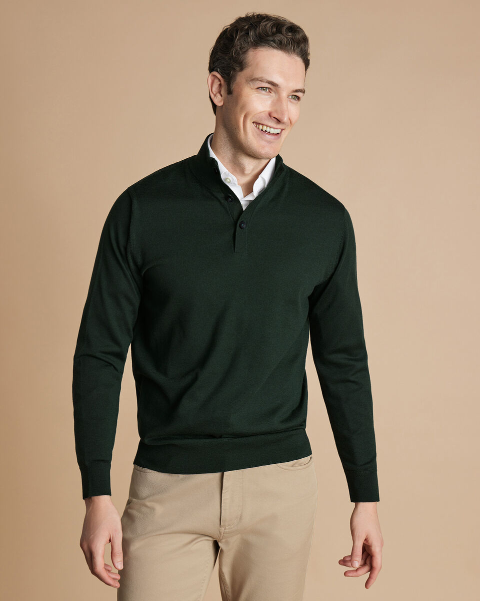 Merino Button Neck Sweater - Forest Green | Charles Tyrwhitt