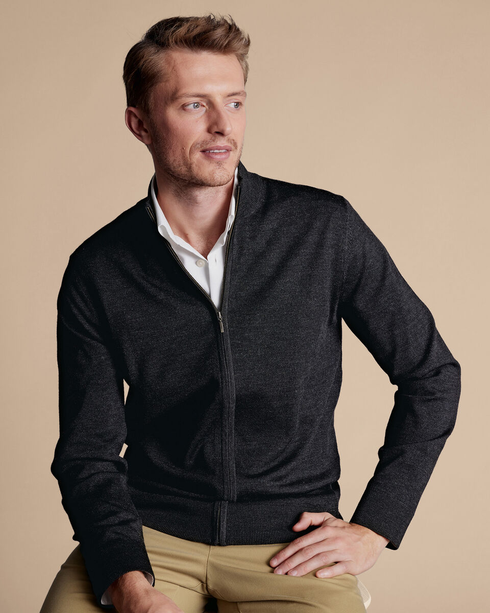 Pure Merino Full Zip-Through Cardigan - Charcoal Grey | Charles Tyrwhitt