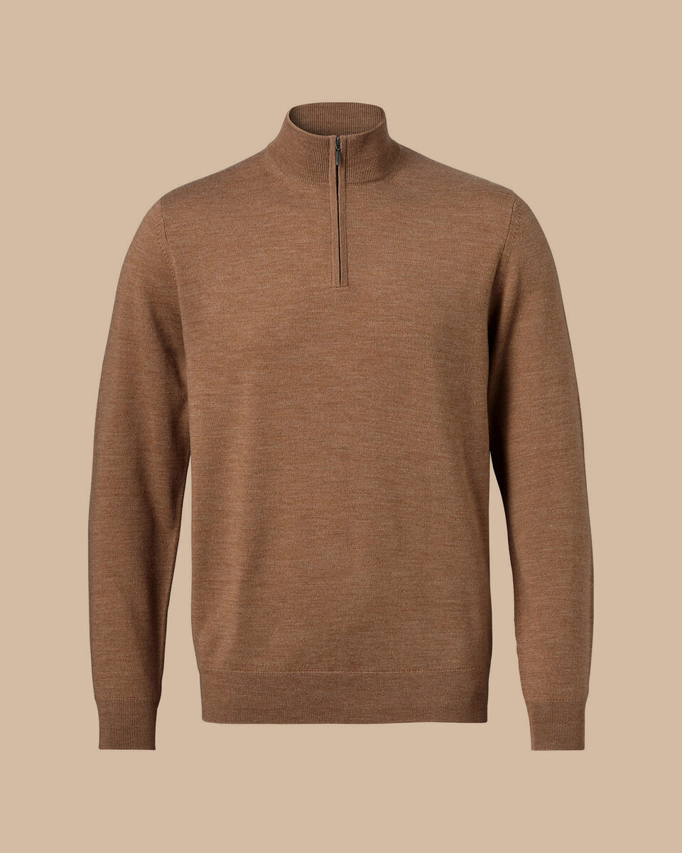 Merino Zip Neck Jumper - Sand | Charles Tyrwhitt
