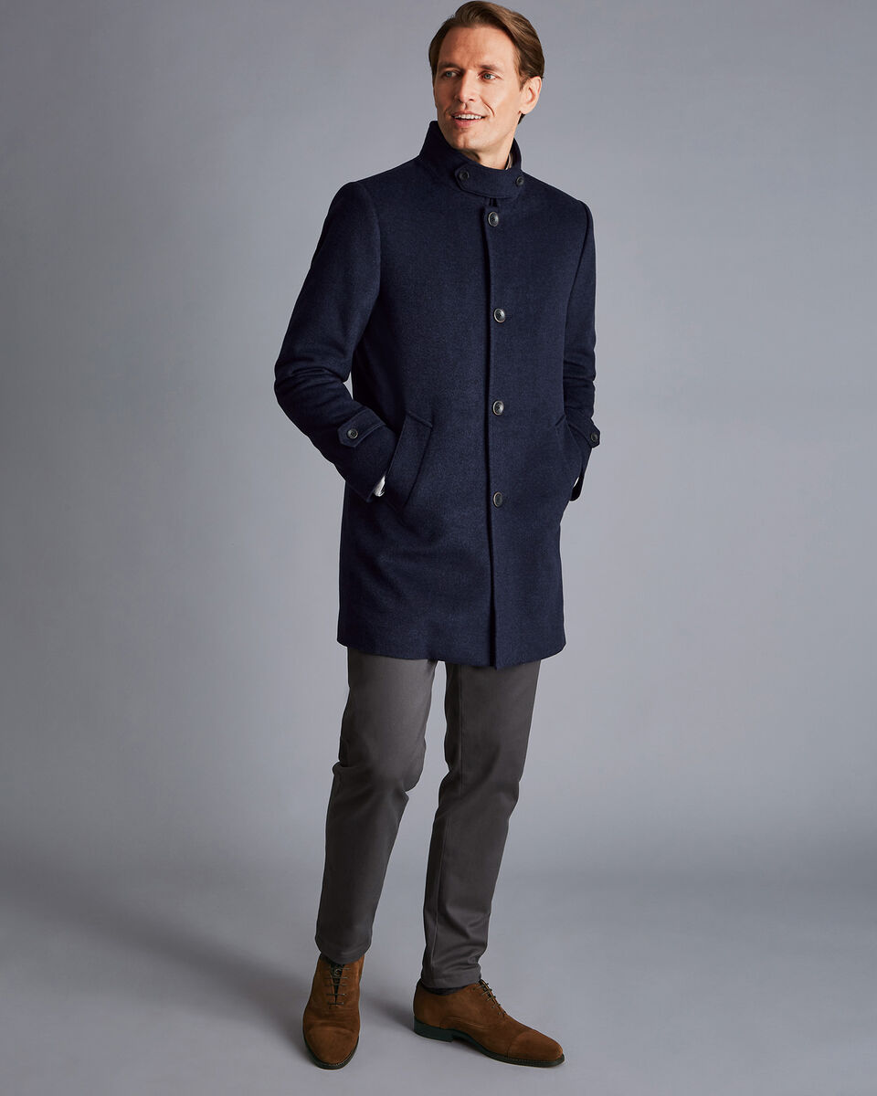 Funnel Neck Wool Overcoat - Ink Blue | Charles Tyrwhitt