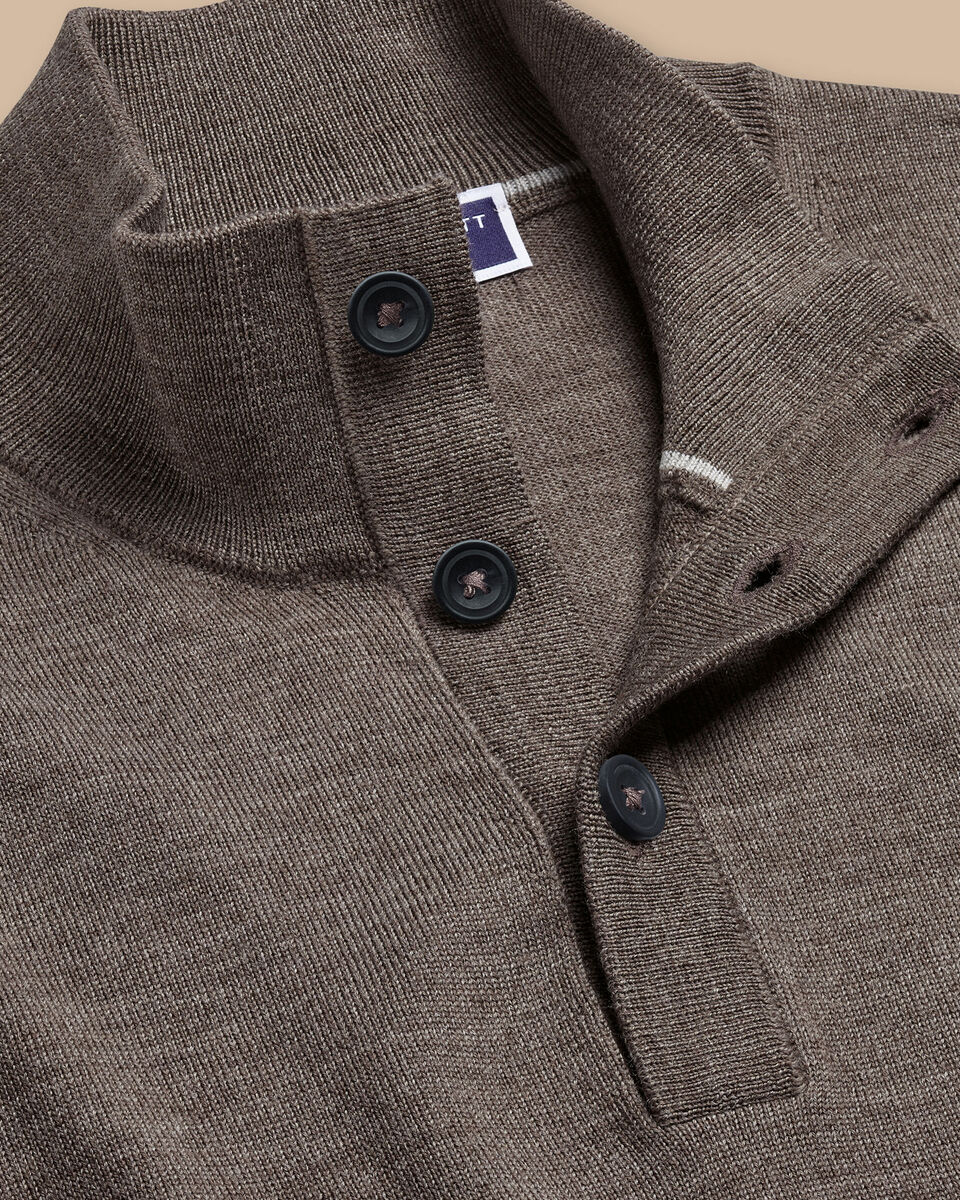 Merino Button Neck Jumper - Mocha | Charles Tyrwhitt