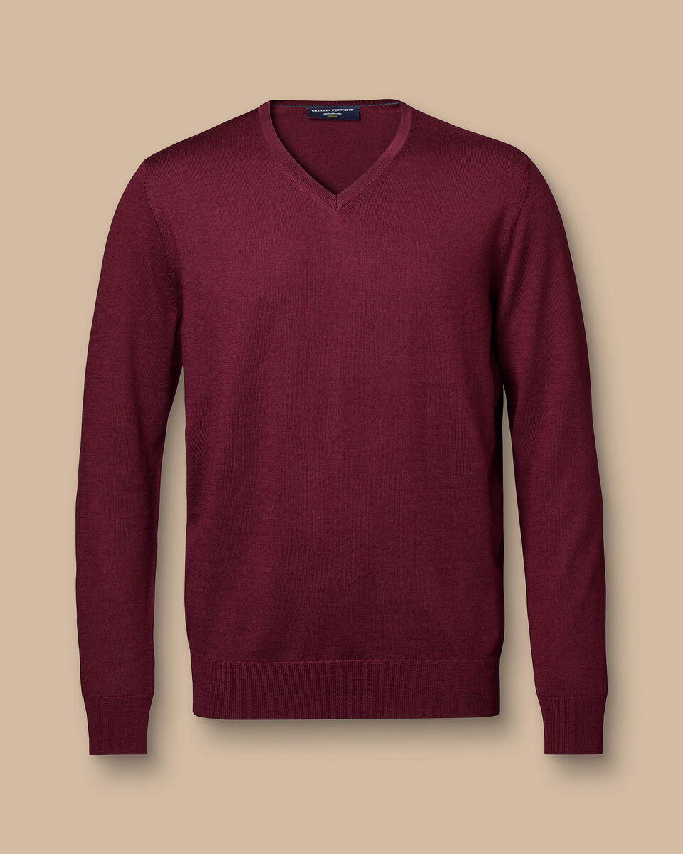 Merino V-Neck Jumper - Burgundy | Charles Tyrwhitt