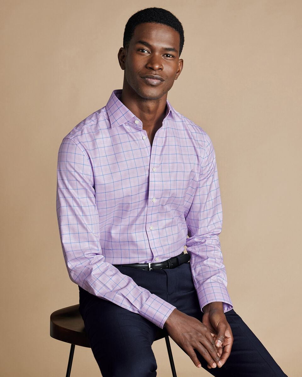 Semi-Cutaway Collar Egyptian Cotton Prince Of Wales Check Shirt - Lilac ...