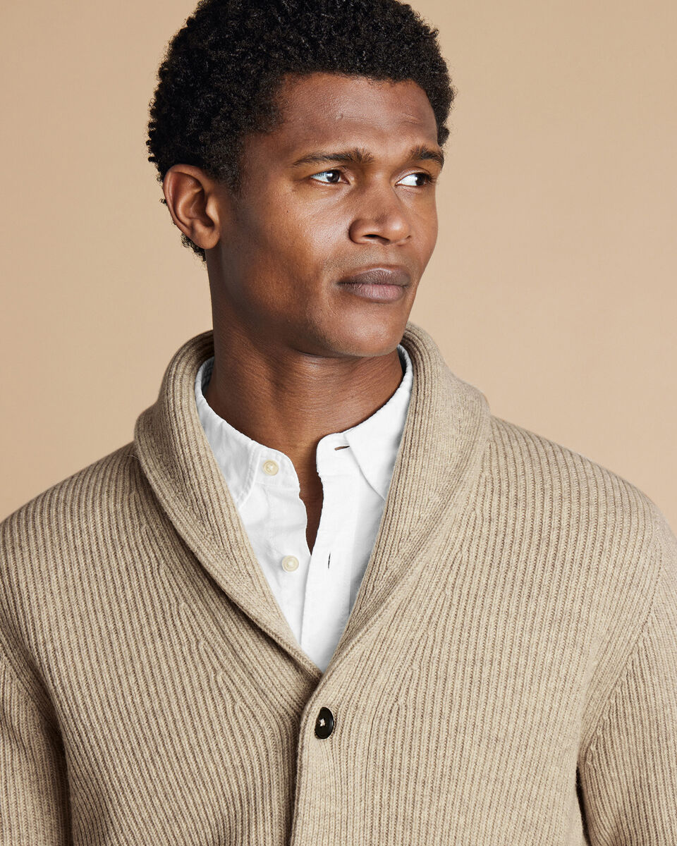 Merino Shawl Neck Chunky Cardigan - Oatmeal | Charles Tyrwhitt
