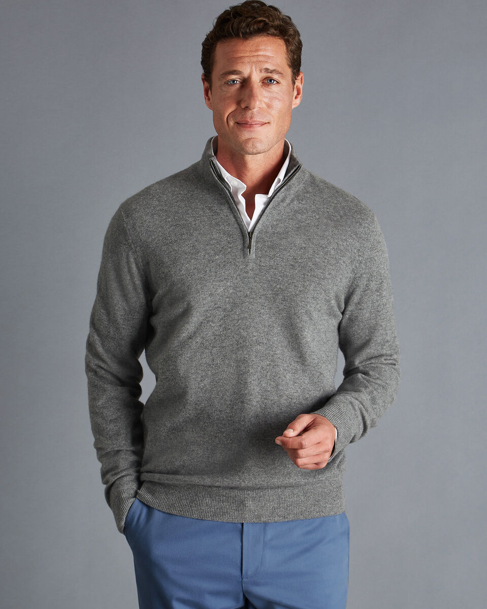 Cashmere Quarter Zip Sweater - Grey | Charles Tyrwhitt