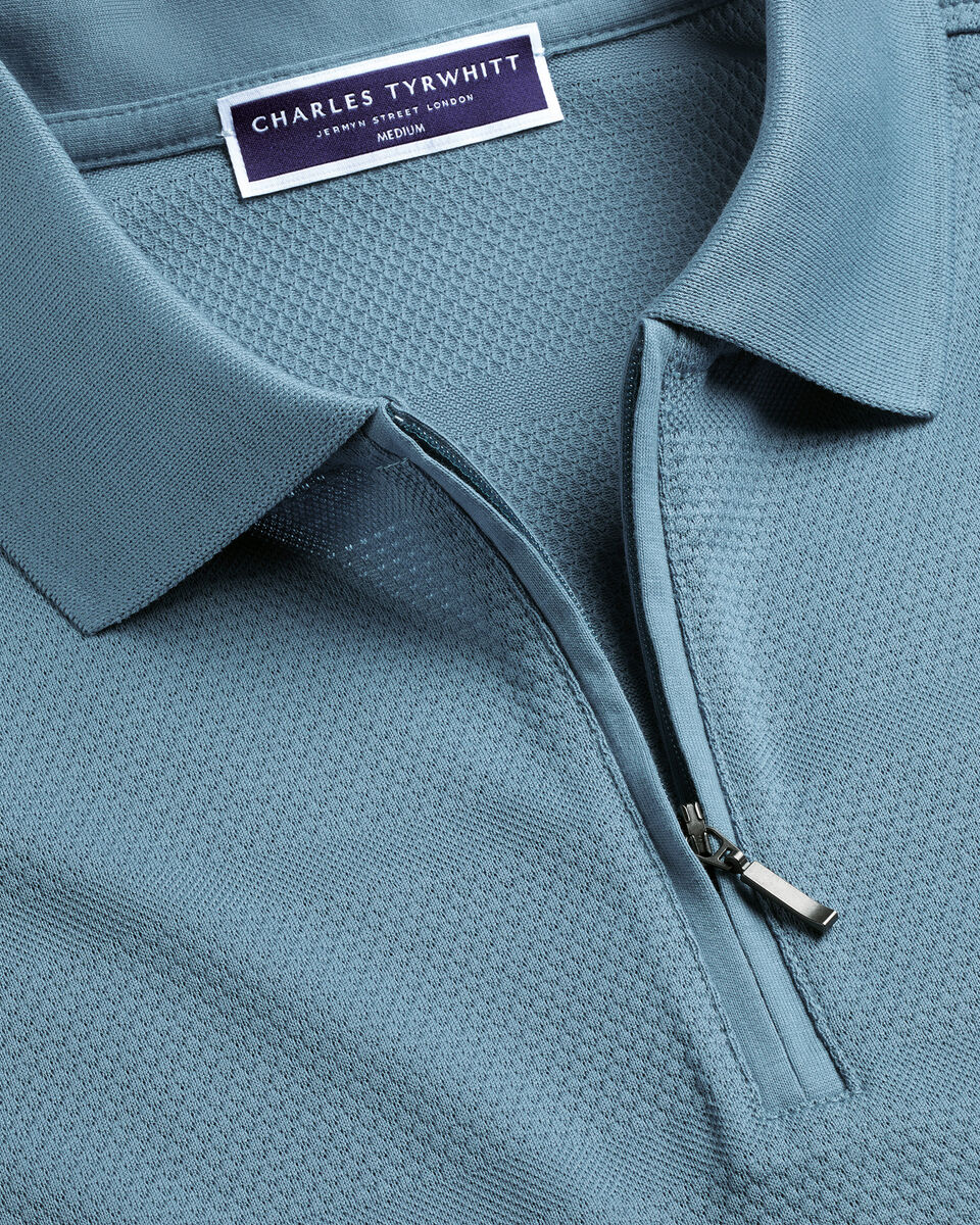 Performance Textured Zip-Neck Polo - Blue | Charles Tyrwhitt