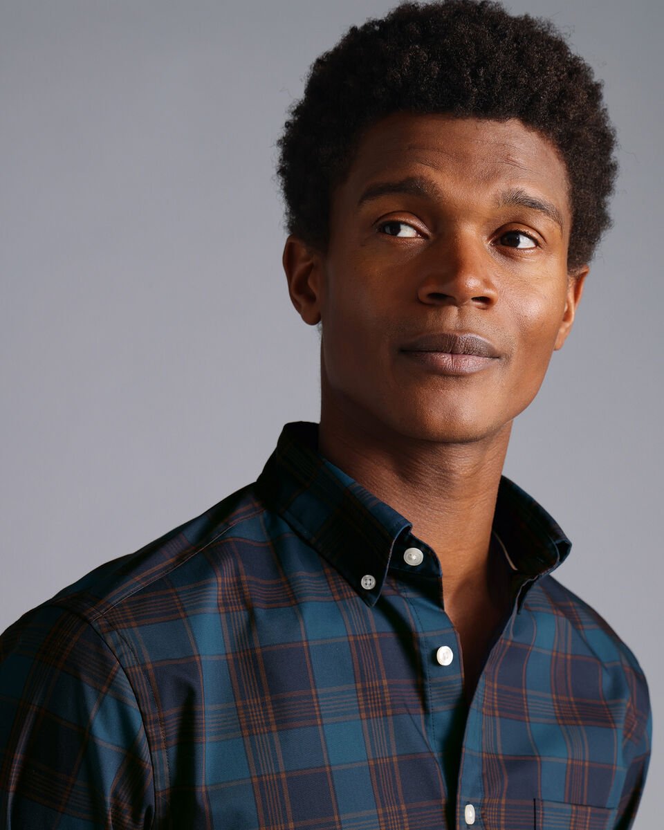 Button-Down Collar Non-Iron Stretch Poplin Tartan Check Shirt - Rust ...