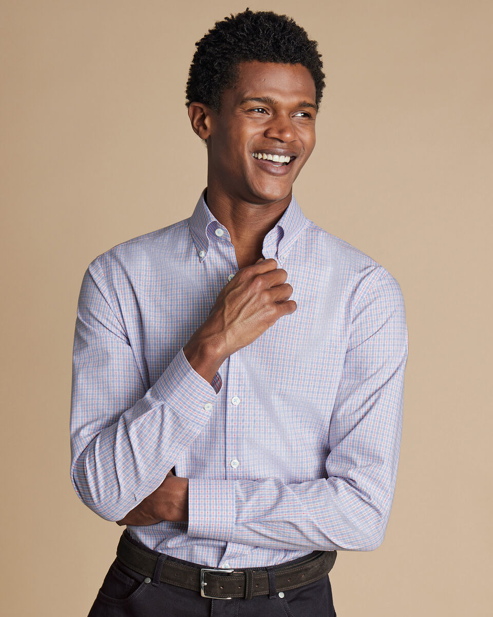 Button-Down Collar Non-Iron Oxford Grid Check Shirt - Red | Charles ...
