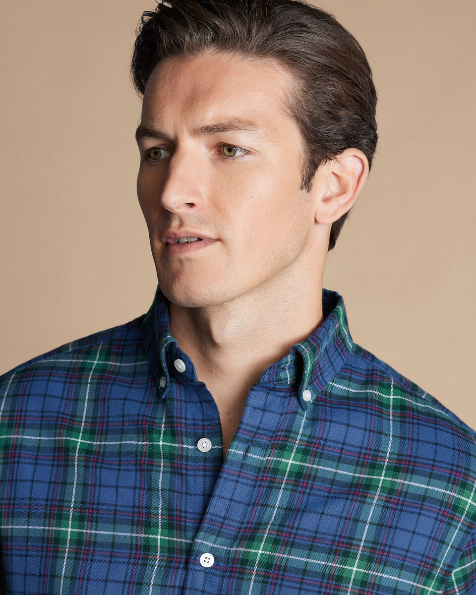 Brushed Flannel Multi Check Shirt - Green | Charles Tyrwhitt