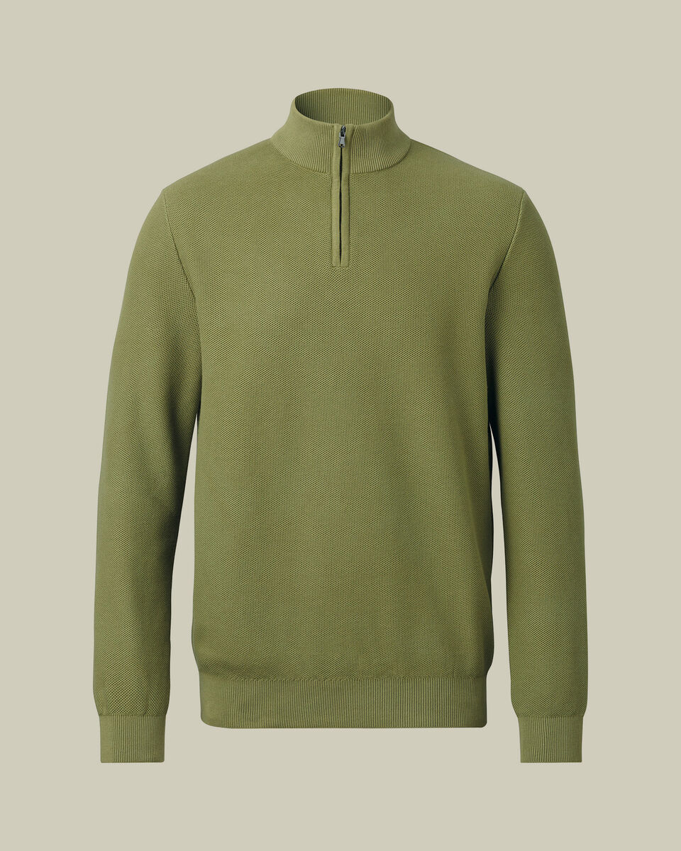 Honeycomb Cotton Quarter Zip Sweater - Moss Green | Charles Tyrwhitt