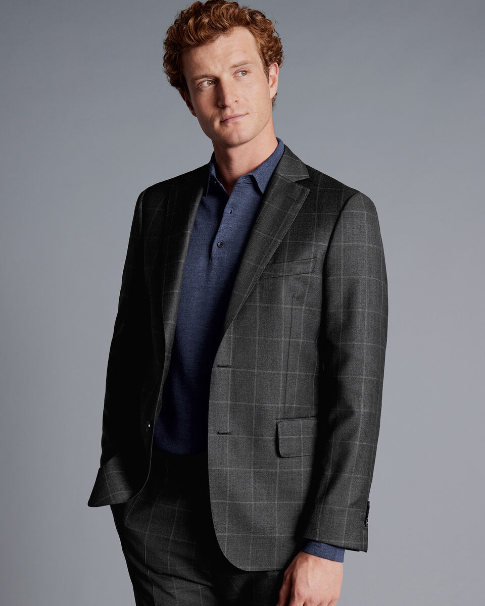 Italian Luxury Windowpane Suit Jacket - Grey | Charles Tyrwhitt