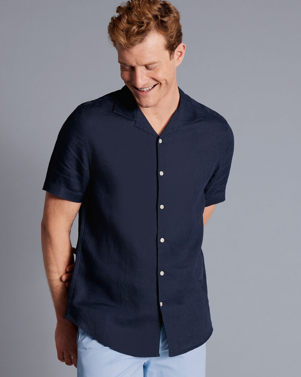 Revere Collar Pure Linen Short Sleeve Shirt - Navy Blue | Charles Tyrwhitt