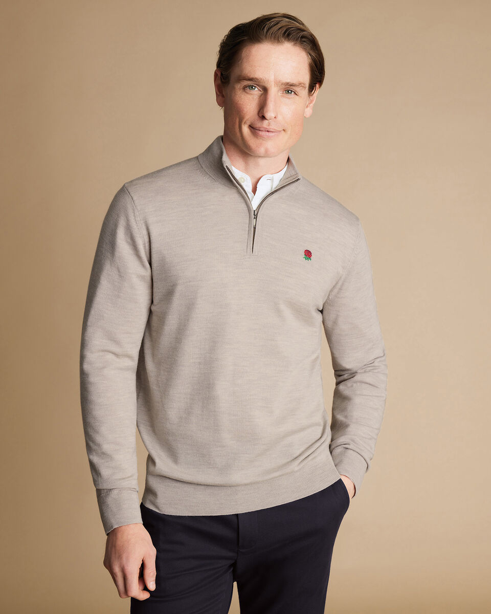 England Rugby Merino Quarter Zip Sweater - Limestone | Charles Tyrwhitt