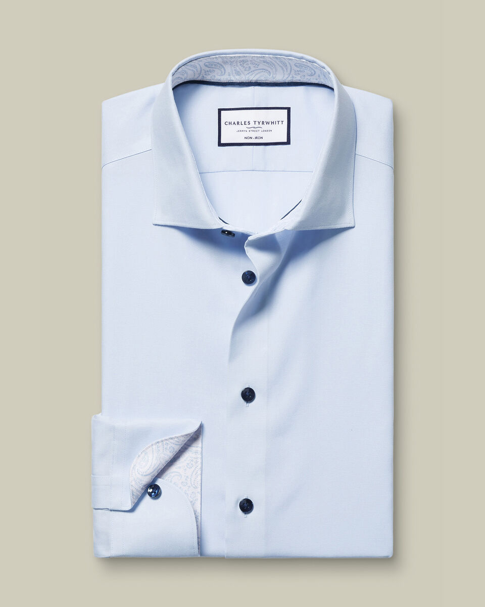 Non-Iron Stretch Printed Trim Shirt - Sky Blue | Charles Tyrwhitt