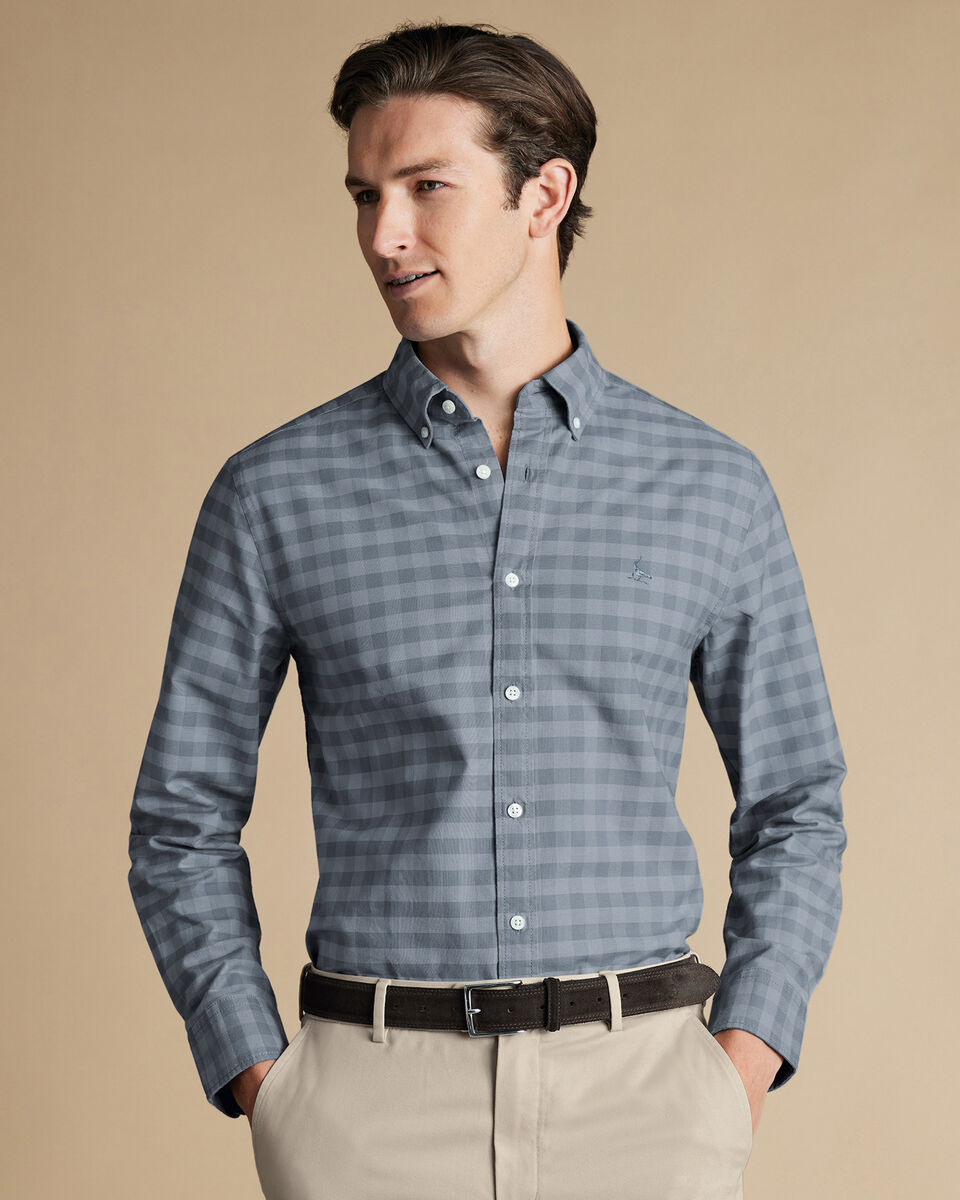 Button-Down Collar Stretch Washed Oxford Gingham Shirt - Flint Gray | Charles Tyrwhitt