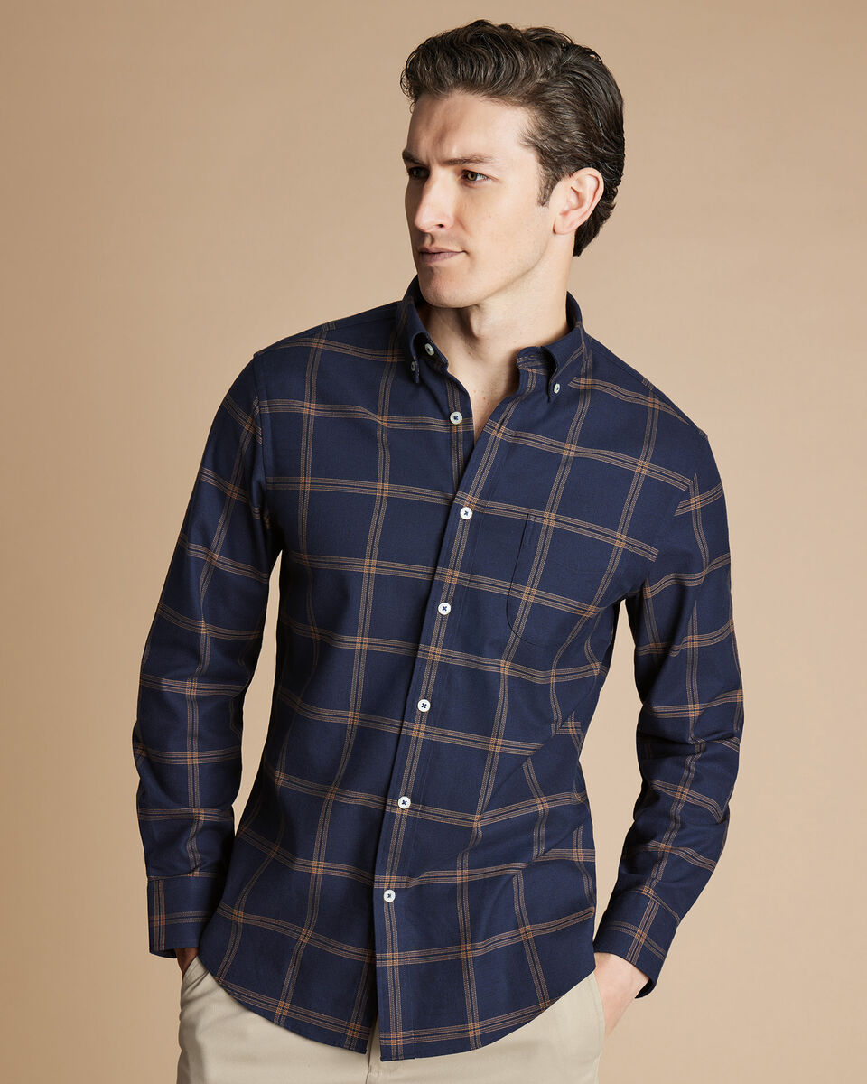 Button-Down Collar Non-Iron Twill Large Grid Check Shirt - Navy ...