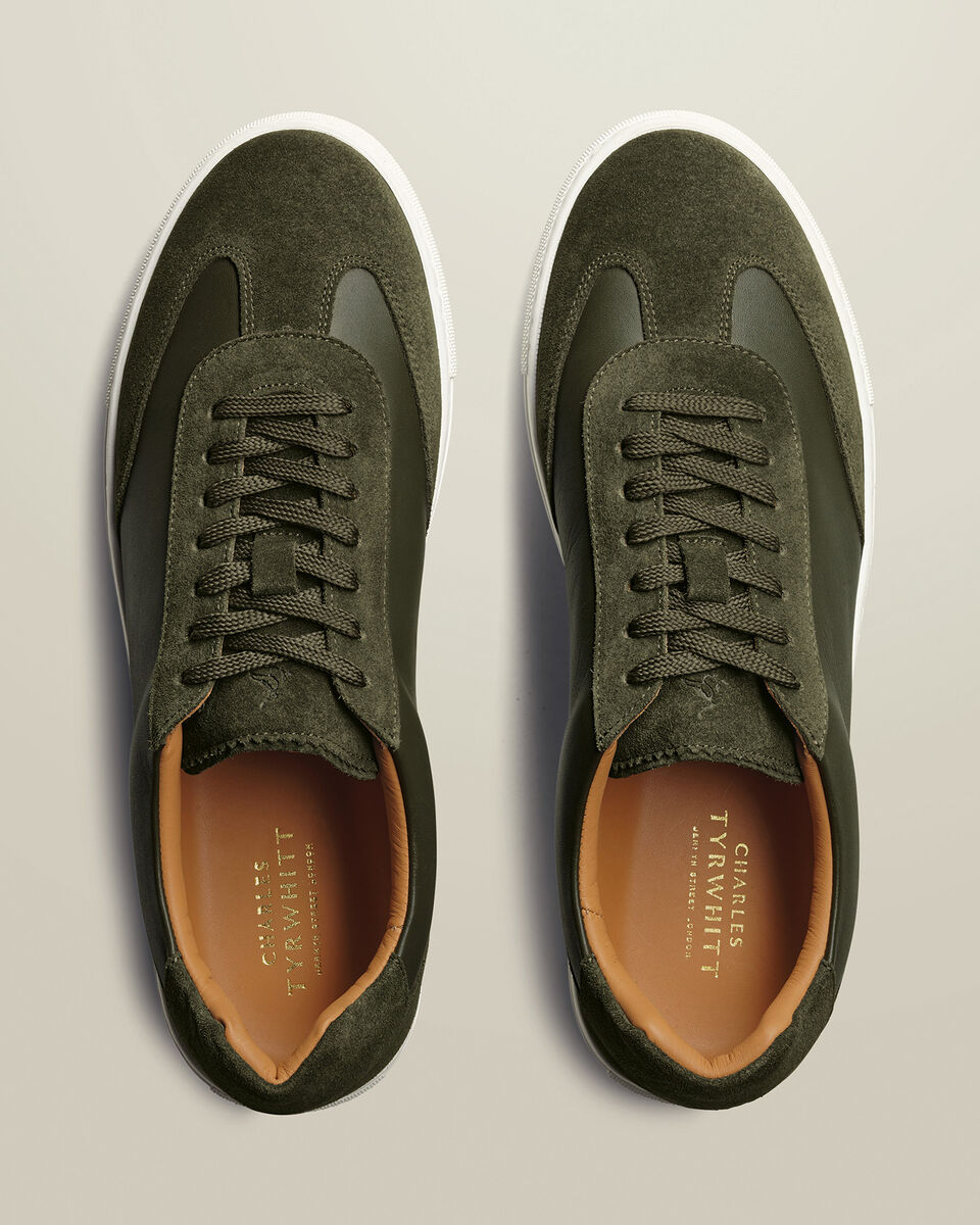 Leather and Suede Sneakers - Olive Green | Charles Tyrwhitt